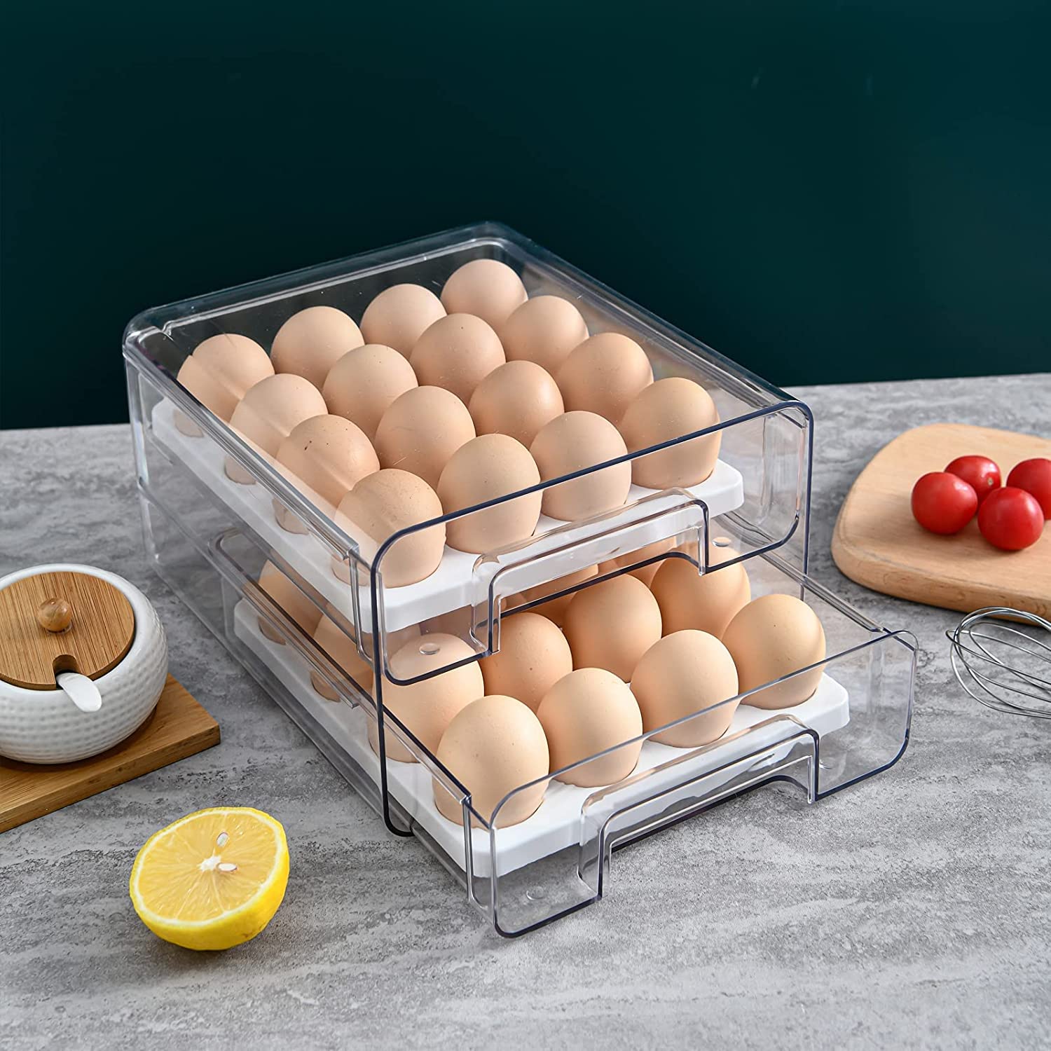 BigTron Egg Container for Refrigerator with Lids 32 Egg Drawer for Refrigerator Reusable Egg Storage Food Fruit Vegetables Meal Fresh Organizer (Clear)