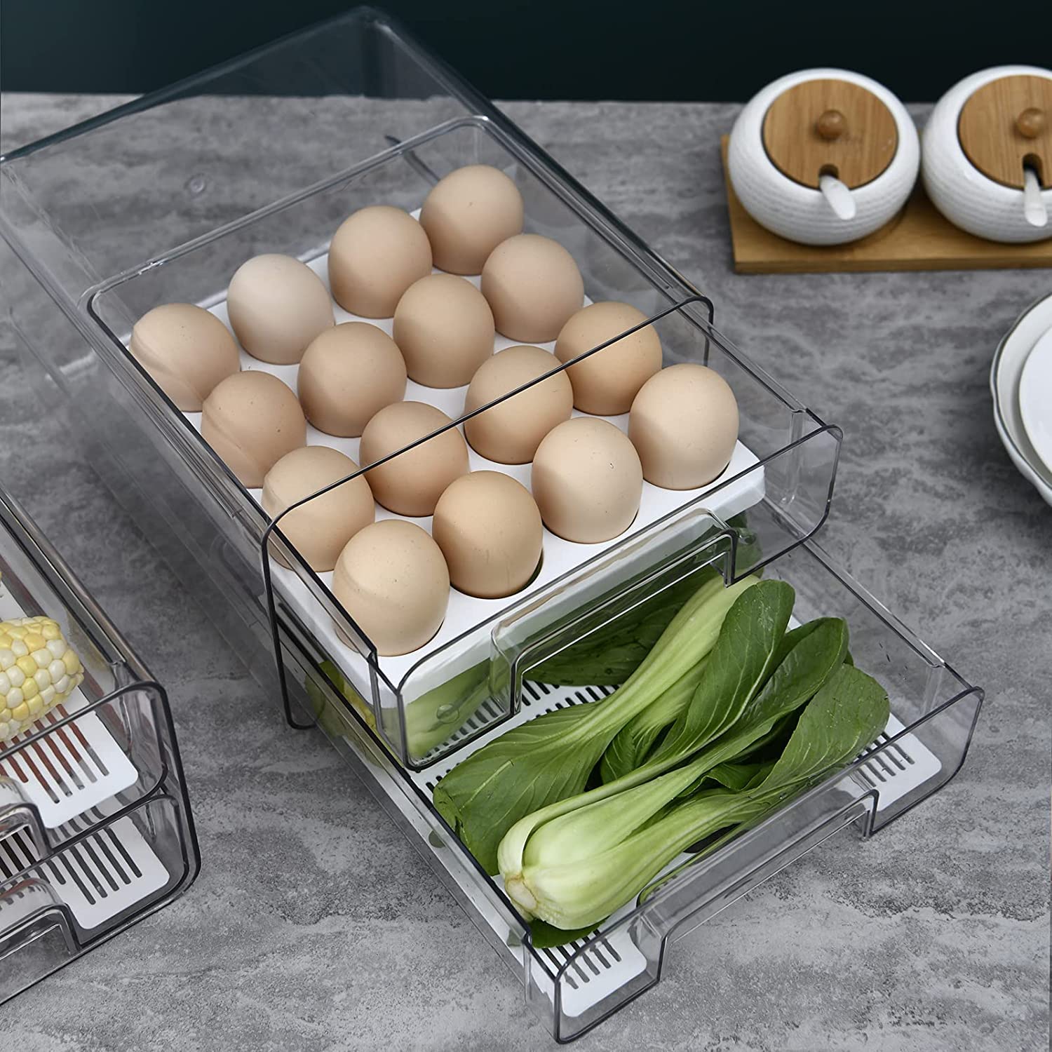 BigTron Egg Container for Refrigerator with Lids 32 Egg Drawer for Refrigerator Reusable Egg Storage Food Fruit Vegetables Meal Fresh Organizer (Clear)