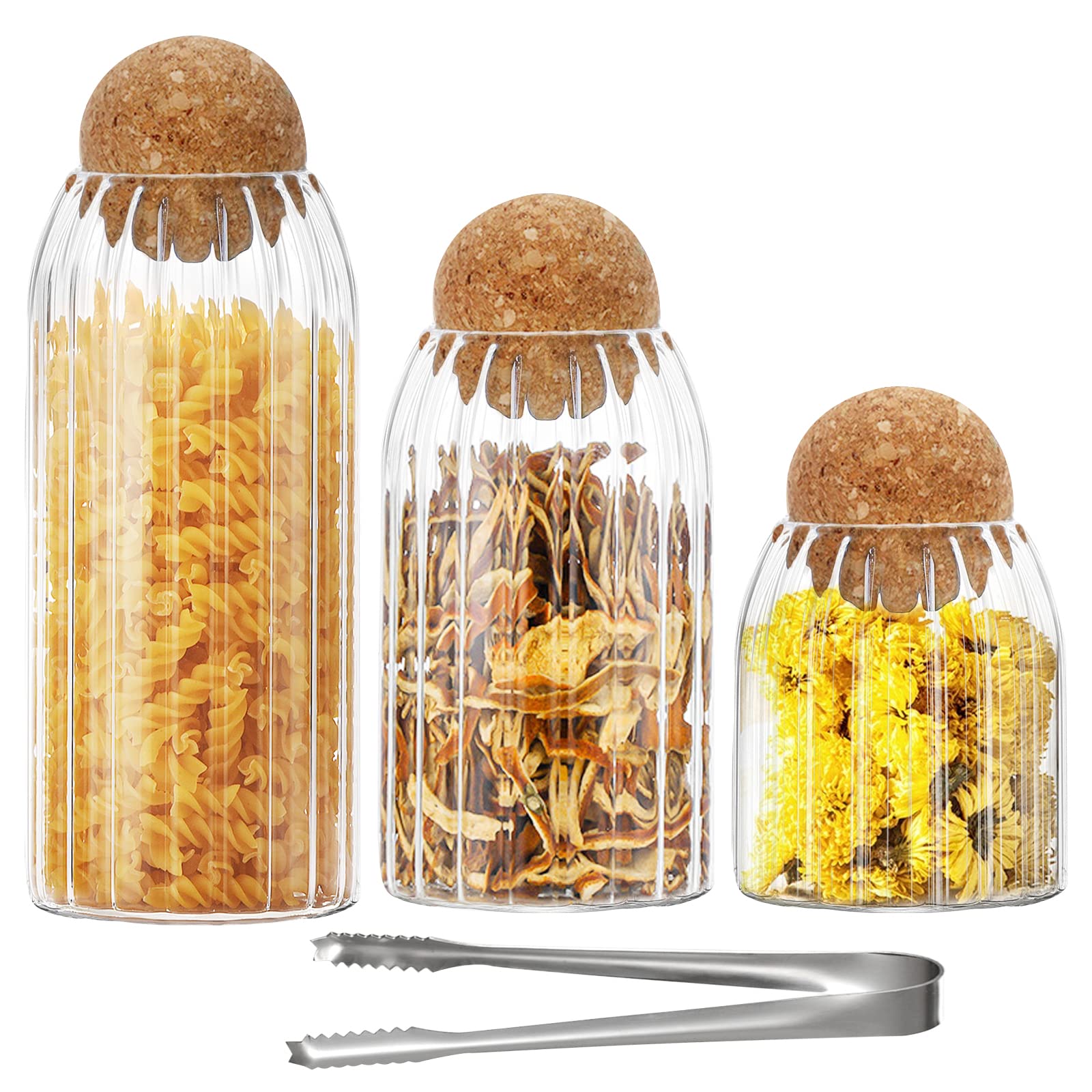 3Pcs Glass Storage Container with Round Ball Cork,Coffee Bean Jar Glass Cork Clear Stripe Glass Bottles with Cork Glass Canisters for Food, Coffee, Sugar, Spice, Tea,DIY (500ml / 700ml / 1000ml)