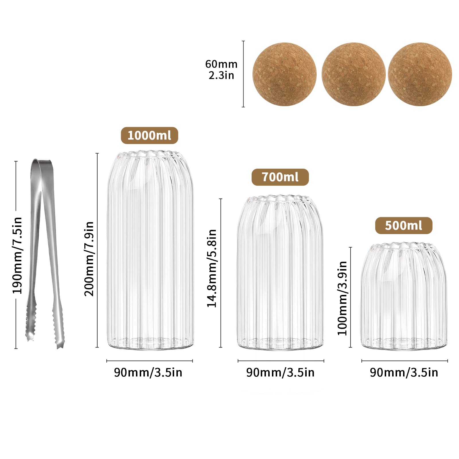 3Pcs Glass Storage Container with Round Ball Cork,Coffee Bean Jar Glass Cork Clear Stripe Glass Bottles with Cork Glass Canisters for Food, Coffee, Sugar, Spice, Tea,DIY (500ml / 700ml / 1000ml)