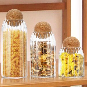 3Pcs Glass Storage Container with Round Ball Cork,Coffee Bean Jar Glass Cork Clear Stripe Glass Bottles with Cork Glass Canisters for Food, Coffee, Sugar, Spice, Tea,DIY (500ml / 700ml / 1000ml)