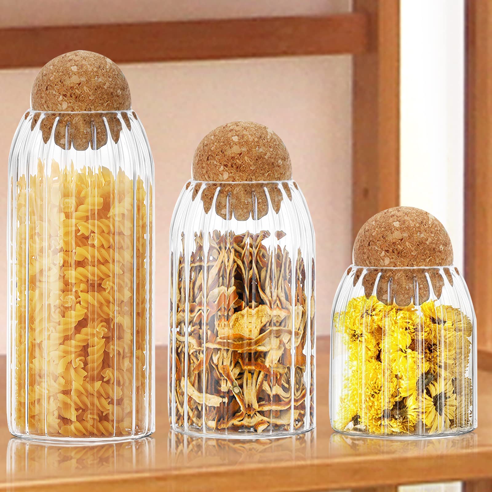 3Pcs Glass Storage Container with Round Ball Cork,Coffee Bean Jar Glass Cork Clear Stripe Glass Bottles with Cork Glass Canisters for Food, Coffee, Sugar, Spice, Tea,DIY (500ml / 700ml / 1000ml)