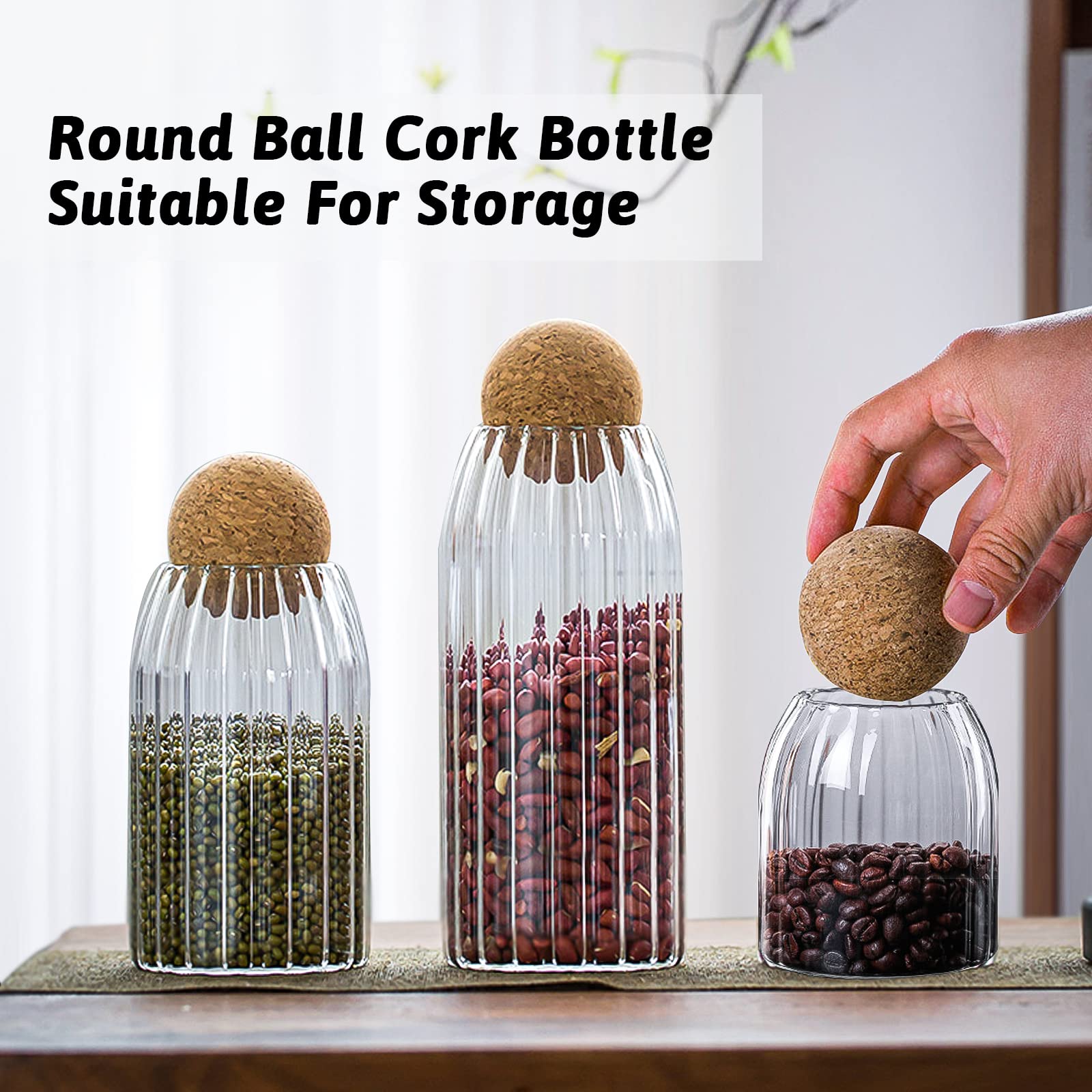 3Pcs Glass Storage Container with Round Ball Cork,Coffee Bean Jar Glass Cork Clear Stripe Glass Bottles with Cork Glass Canisters for Food, Coffee, Sugar, Spice, Tea,DIY (500ml / 700ml / 1000ml)