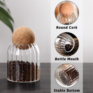 3Pcs Glass Storage Container with Round Ball Cork,Coffee Bean Jar Glass Cork Clear Stripe Glass Bottles with Cork Glass Canisters for Food, Coffee, Sugar, Spice, Tea,DIY (500ml / 700ml / 1000ml)