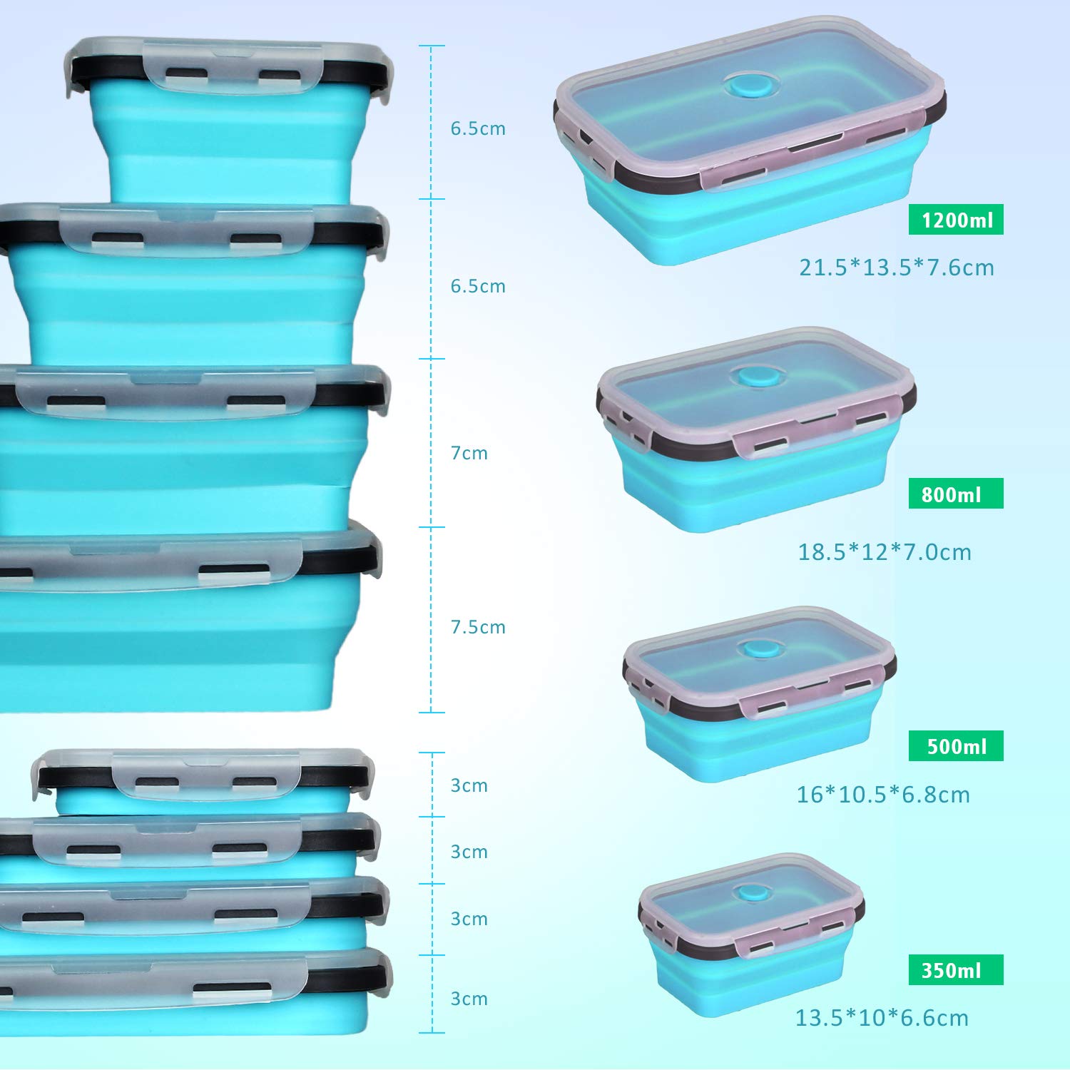 CREPOW Silicone Collapsible Food Storage Containers Set of 4 Silicone Lunch box Containers for Kitchen, BPA Free, Microwave, Dishwasher and Freezer Safe (Blue)