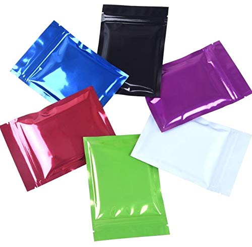 100PCS Reuseable Aluminum Foil Self Sealing Zip Mylar Packing Pouch Package Bags Heat Seal Food Storage Bag with Tear Notches Food Grade Pouches Bag for Candy Tea Sugar (Color Random) (7.5x10cm)