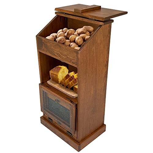 Peaceful Classics Potato Storage Wood Box, Wooden Bread Storage Bins, Decorative Potato and Onion Storage Bin, Potato Bin w/Grocery Section, Wooden Vegetable Storage w/Lid for Kitchen Pantry, Cherry