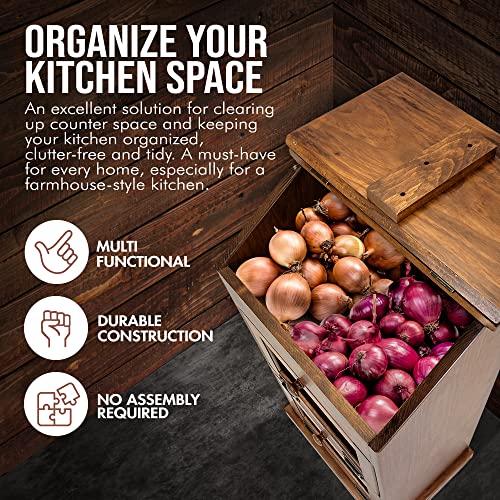 Peaceful Classics Potato Storage Wood Box, Wooden Bread Storage Bins, Decorative Potato and Onion Storage Bin, Potato Bin w/Grocery Section, Wooden Vegetable Storage w/Lid for Kitchen Pantry, Cherry