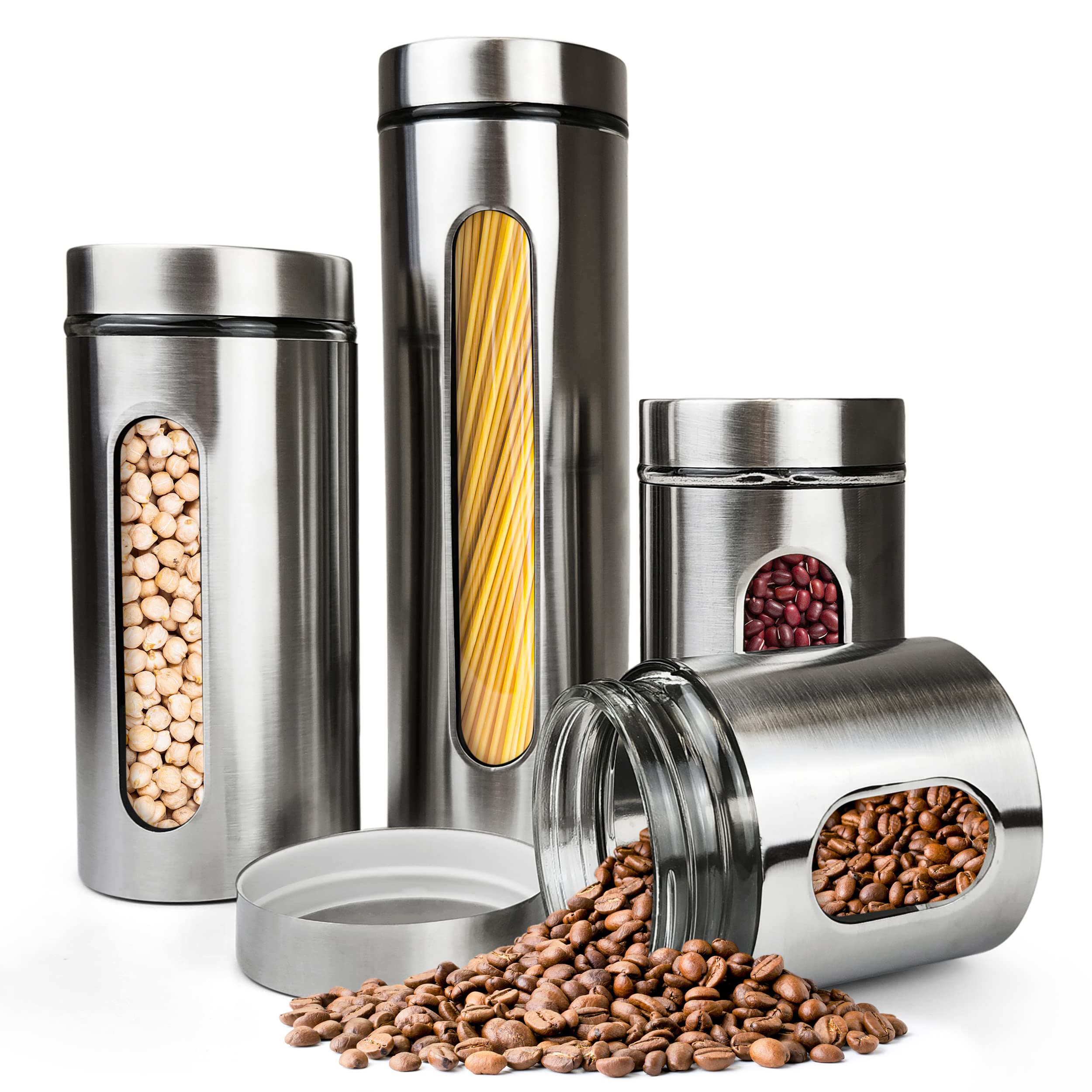 HOMEARRAY Stainless Steel Kitchen Canisters for Countertop – Set of 4 Stainless Steel Containers with Lids – Kitchen Containers Storage Set with Glass Window for Pasta, Cereal, Flour