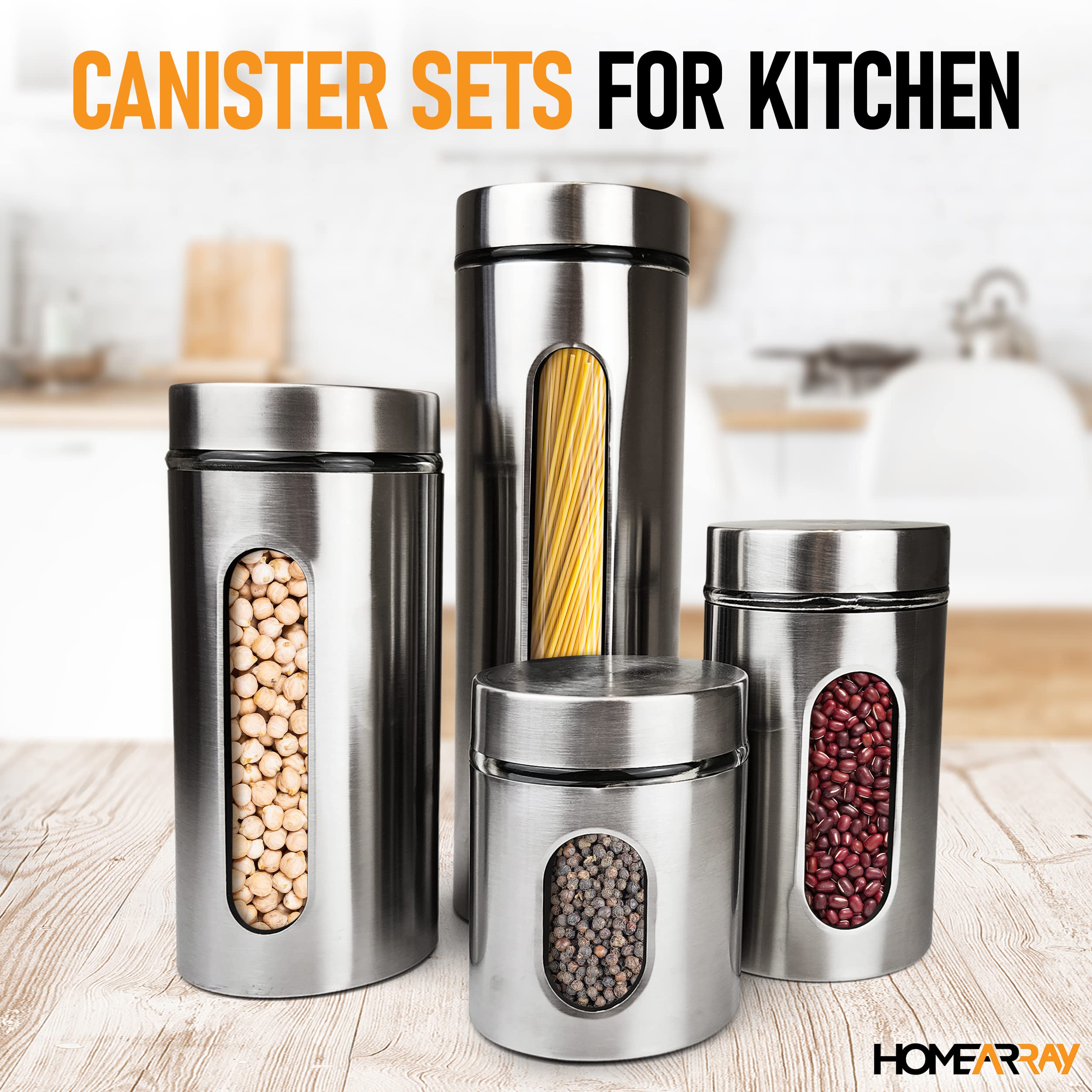 HOMEARRAY Stainless Steel Kitchen Canisters for Countertop – Set of 4 Stainless Steel Containers with Lids – Kitchen Containers Storage Set with Glass Window for Pasta, Cereal, Flour