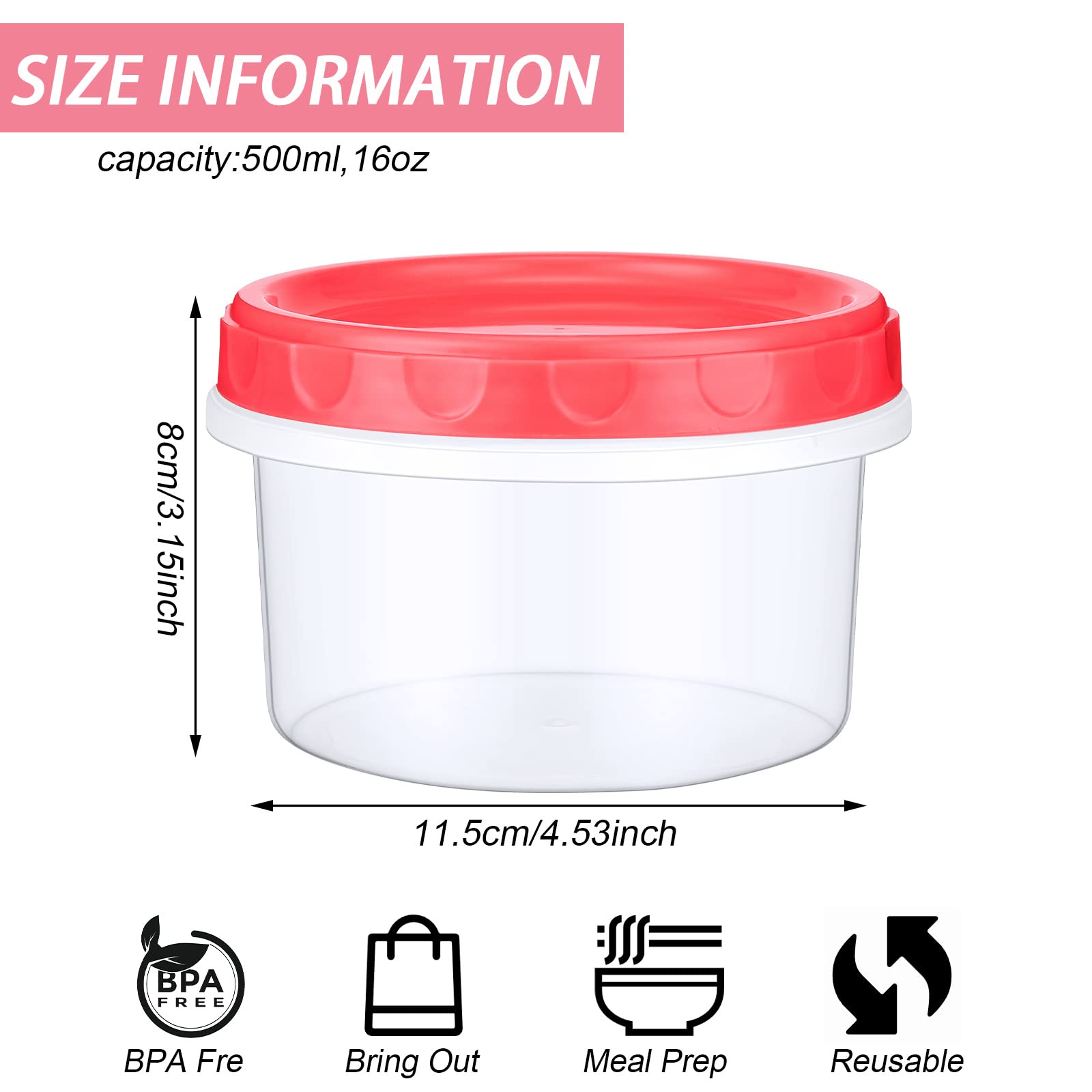 36 Pack Reusable Small Plastic Freezer Storage Container Twist Top Deli Jars with Screw Lid for Food Round Wide Mouth Lunch Snacks Cup, Freezer Dishwasher Safe (Red, 16 oz)