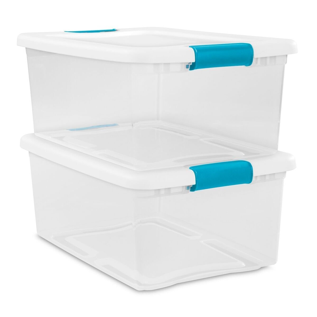 Sterilite 15 Qt Latching Storage Box, Stackable Bin with Latch Lid, Plastic Container to Organize Closet Shelf, Clear with White Lid, 24-Pack