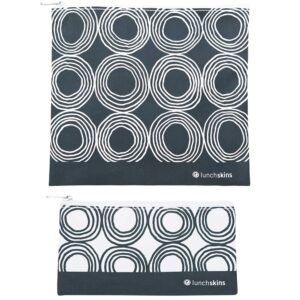 Lunchskins Reusable 2 Piece Zippered Food Storage Bag Set, 1 Sandwich Bag + 1 Snack Bag, Charcoal Circles