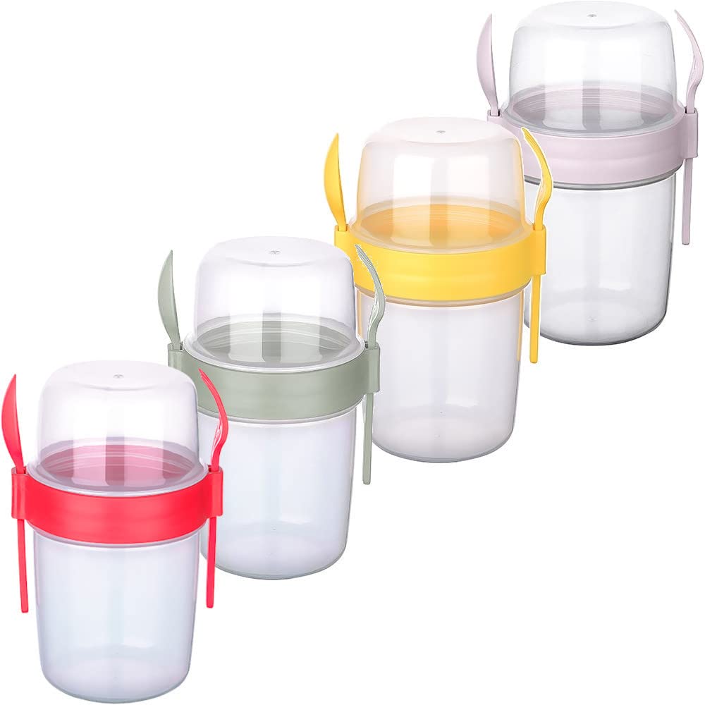 GanoOne On the Go Cups, Take and Go Cup with Topping Cereal or Oatmeal Container, Portable Lux Cereal To-Go Container with Top Lid Granola & Fruit Compartment (Mixed Color - 4 Pieces)