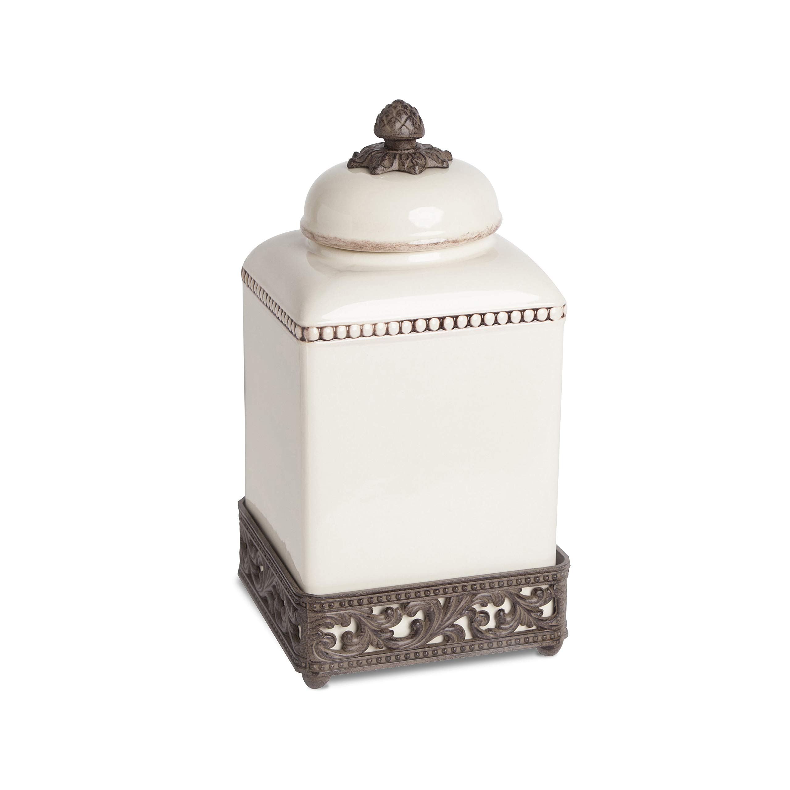 13.5-Inch Tall Cream Ceramic Canister with Acanthus Leaf Adorned Metal Base