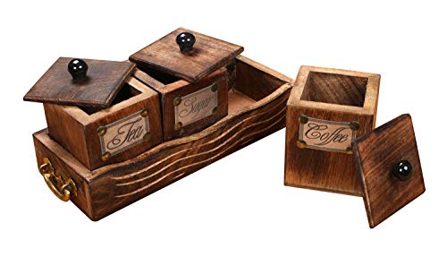 Wooden Handcrafted Tea Sugar Coffee 3 Canister Set with holder for Food Storage, Rustic Vintabe Farmhouse Country Home Décor - 10.5 x4 x4 Inches - Burnt