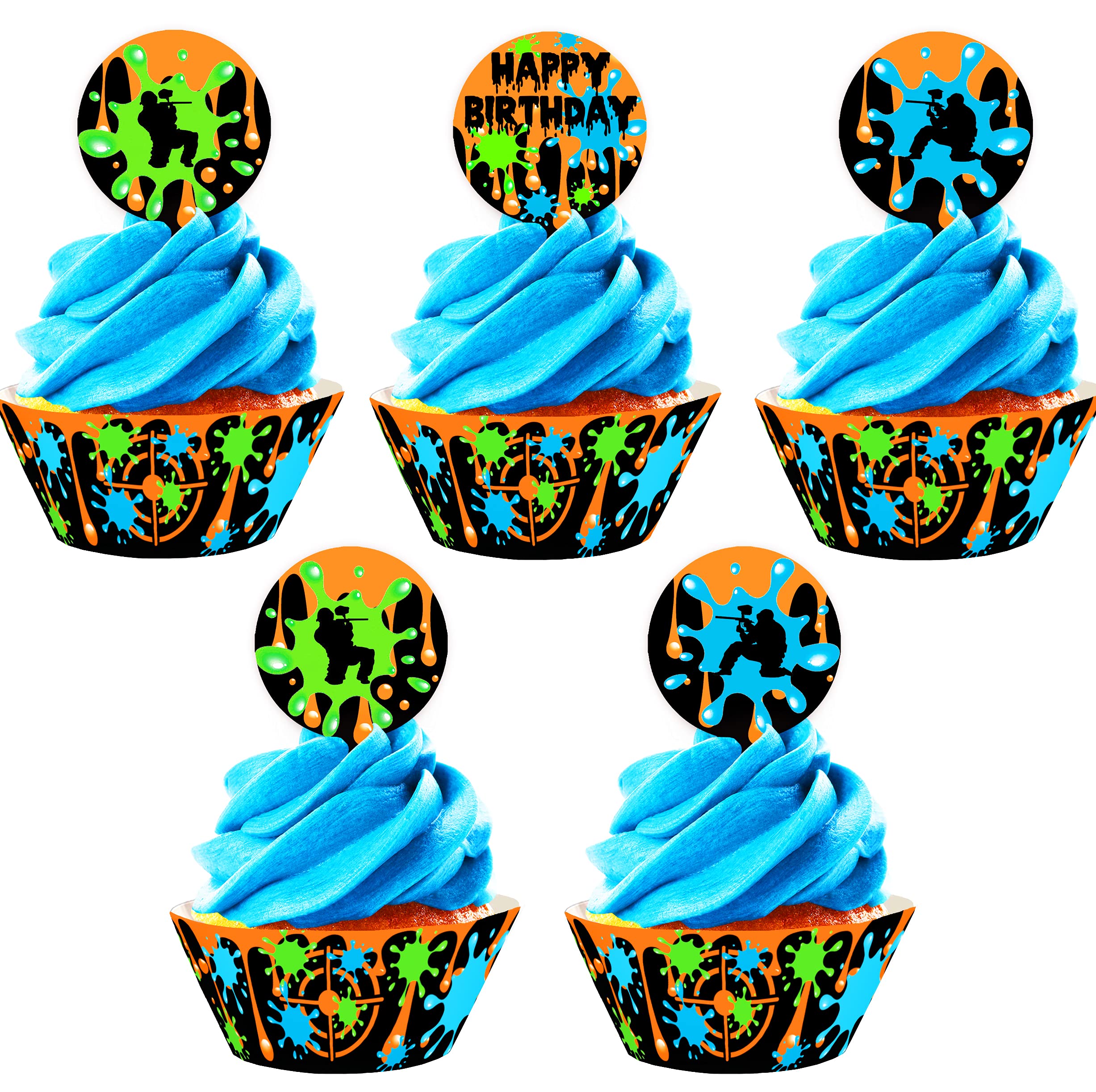 Paintball Cupcake Toppers and Cupcake Wrappers - 24 Cupcake Toppers and 24 Cupcake Wrappers - Paintball Party Decorations - Paintball Party Supplies - Airsoft Party Decorations - Cupcake