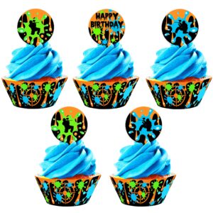 Paintball Cupcake Toppers and Cupcake Wrappers - 24 Cupcake Toppers and 24 Cupcake Wrappers - Paintball Party Decorations - Paintball Party Supplies - Airsoft Party Decorations - Cupcake