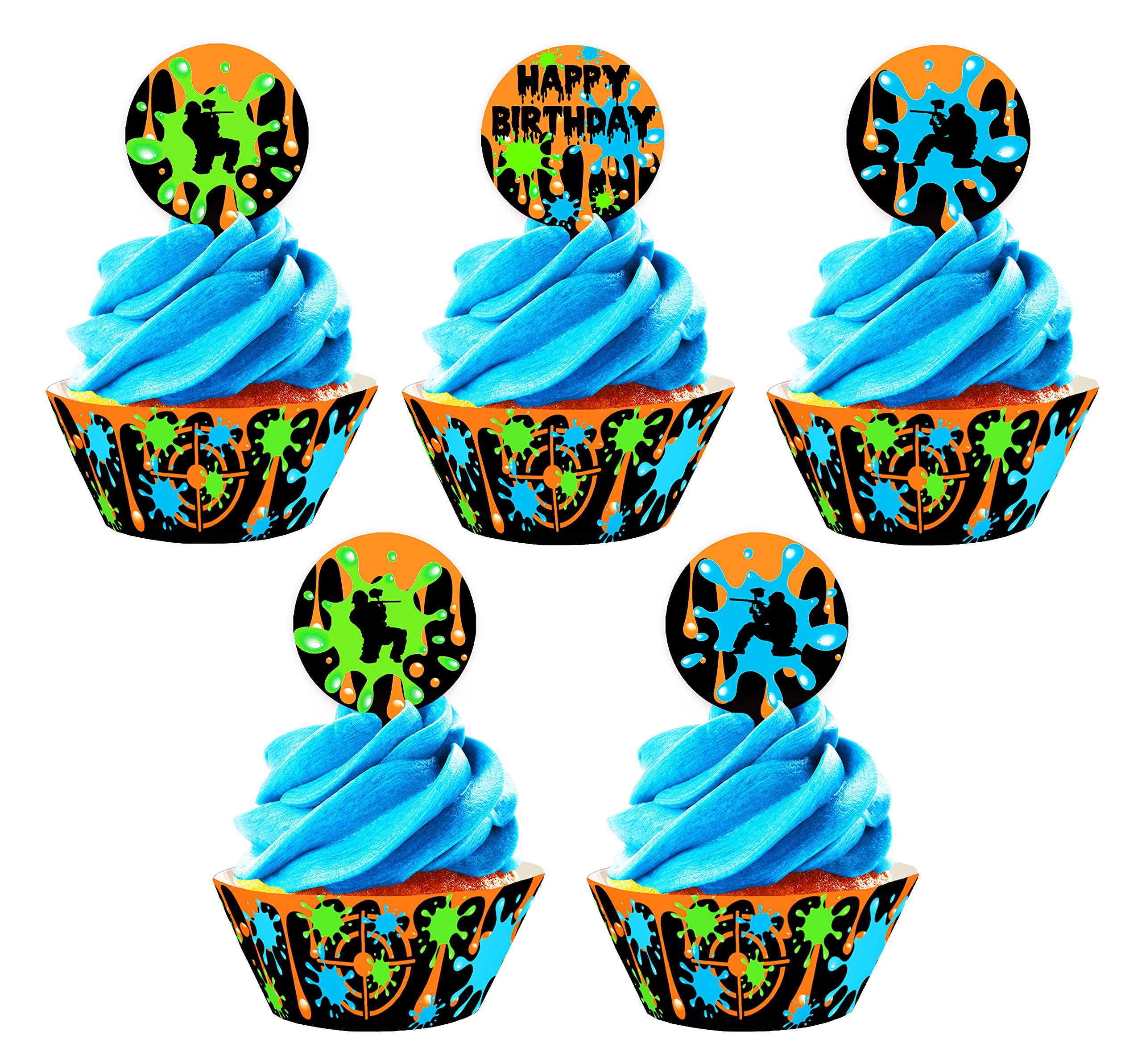 Paintball Cupcake Toppers and Cupcake Wrappers - 24 Cupcake Toppers and 24 Cupcake Wrappers - Paintball Party Decorations - Paintball Party Supplies - Airsoft Party Decorations - Cupcake