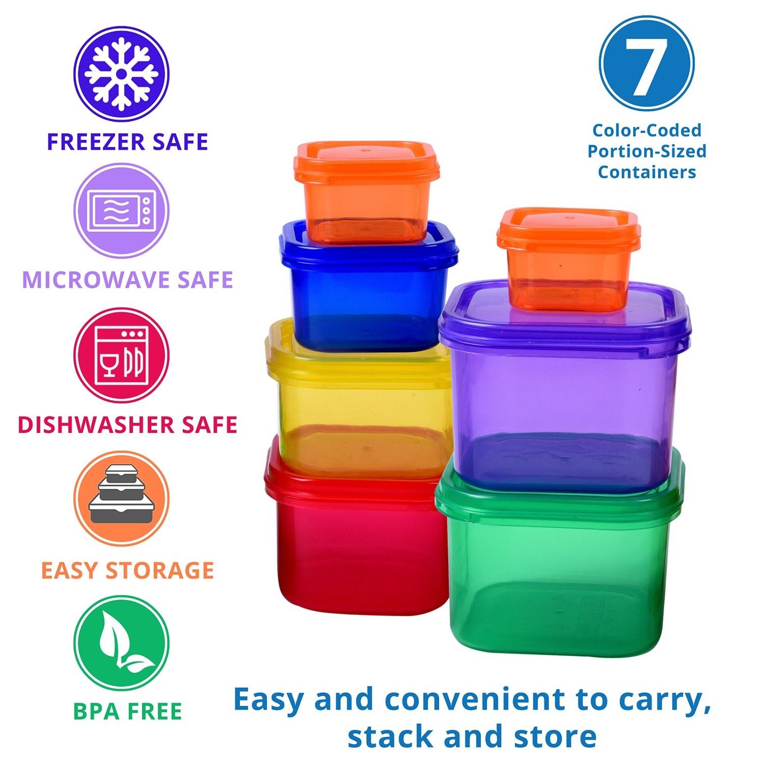 BloominGoods 7 Portion Control Food Storage Containers & Labelled Lids | BPA Free, Leakproof, Microwave & Freezer Safe Meal Prep Lunch Boxes | For Weight Loss & 21 Day Diet Plan | Bonus Carrying Pouch