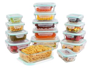 vtopmart 15 pack glass food storage containers, meal prep containers, airtight glass bento boxes with leak proof locking lids, for microwave, oven, freezer and dishwasher