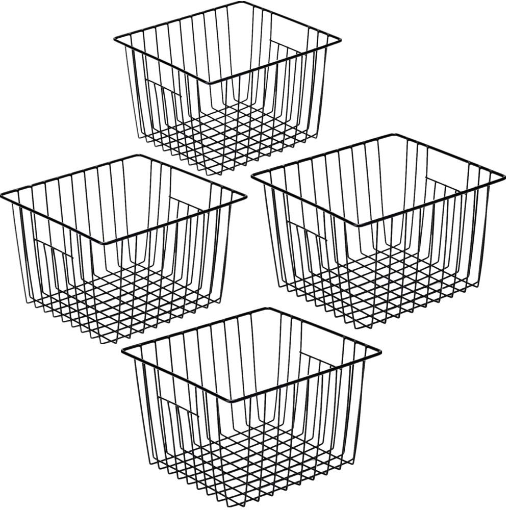 Slideep Refrigerator Freezer Organizer Wire Storage Basket, Farmhouse Food Wire Bins Container with Handles for Kitchen, Pantry, Freezer, Cabinet, Car, Bathroom Black 4 Pack