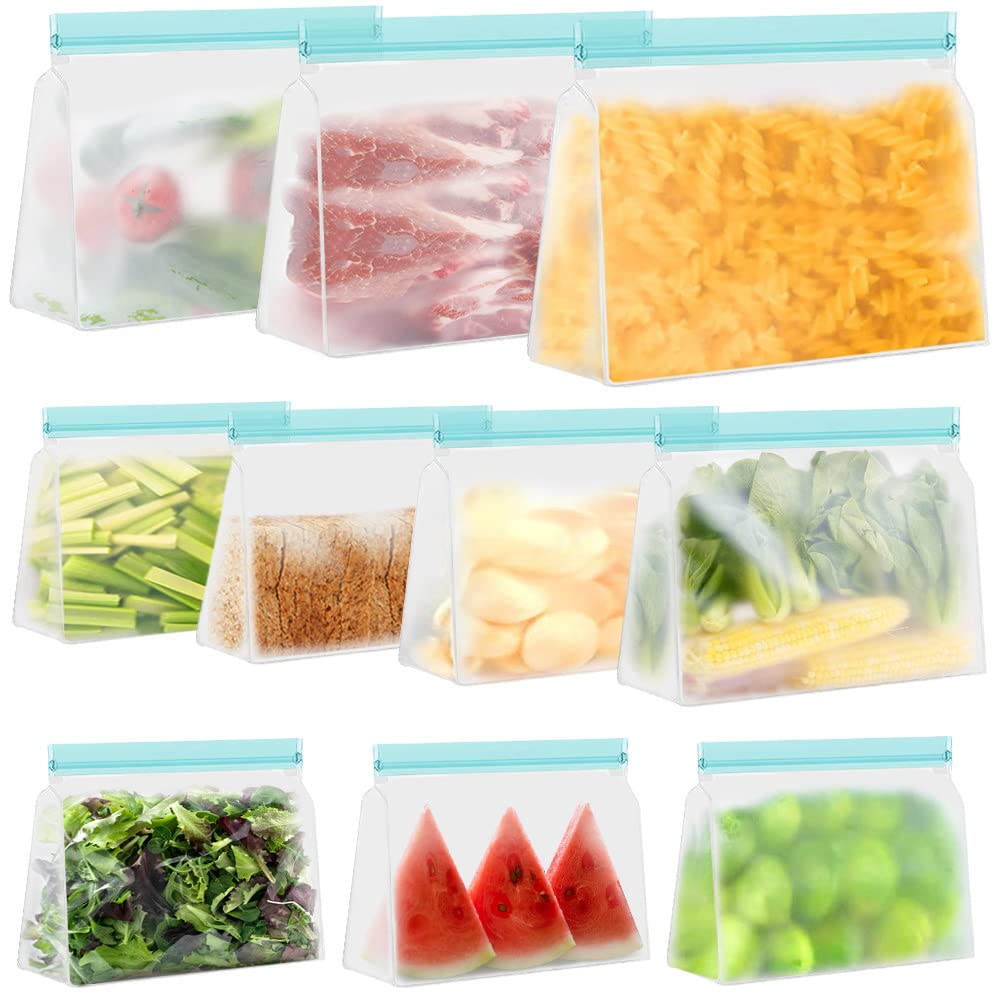 Reusable Storage Bags Stand Up,Reusable Ziploc Bags,BPA Free PEVA Reusable Freezer Bags 10 Pack Ziplock Reusable Silicone Food Bags Stasher Bag Reusable Gallon Freezer Bags