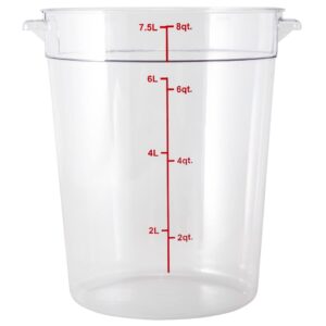 Restaurantware Met Lux 8 Quart Food Storage Container, 1 Round Commercial Storage Container - Lid Sold Separately, With Volume Markers, Clear Plastic Food Prep Bucket, Space-Saving Storage