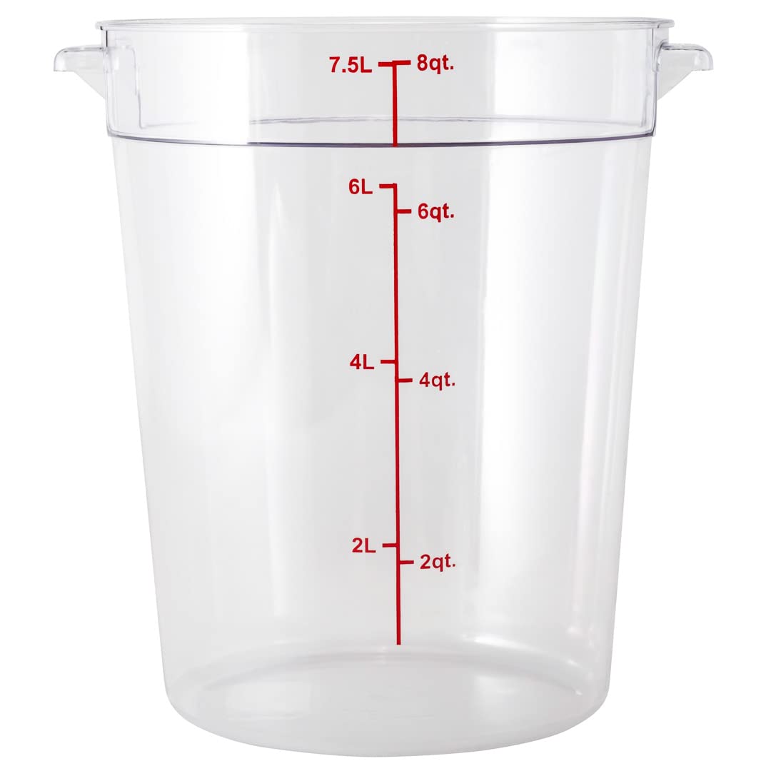 Restaurantware Met Lux 8 Quart Food Storage Container, 1 Round Commercial Storage Container - Lid Sold Separately, With Volume Markers, Clear Plastic Food Prep Bucket, Space-Saving Storage