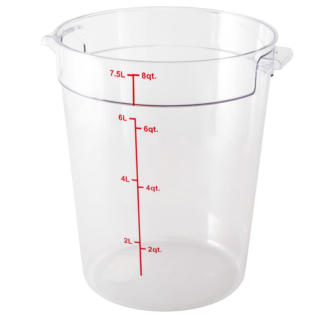 Restaurantware Met Lux 8 Quart Food Storage Container, 1 Round Commercial Storage Container - Lid Sold Separately, With Volume Markers, Clear Plastic Food Prep Bucket, Space-Saving Storage