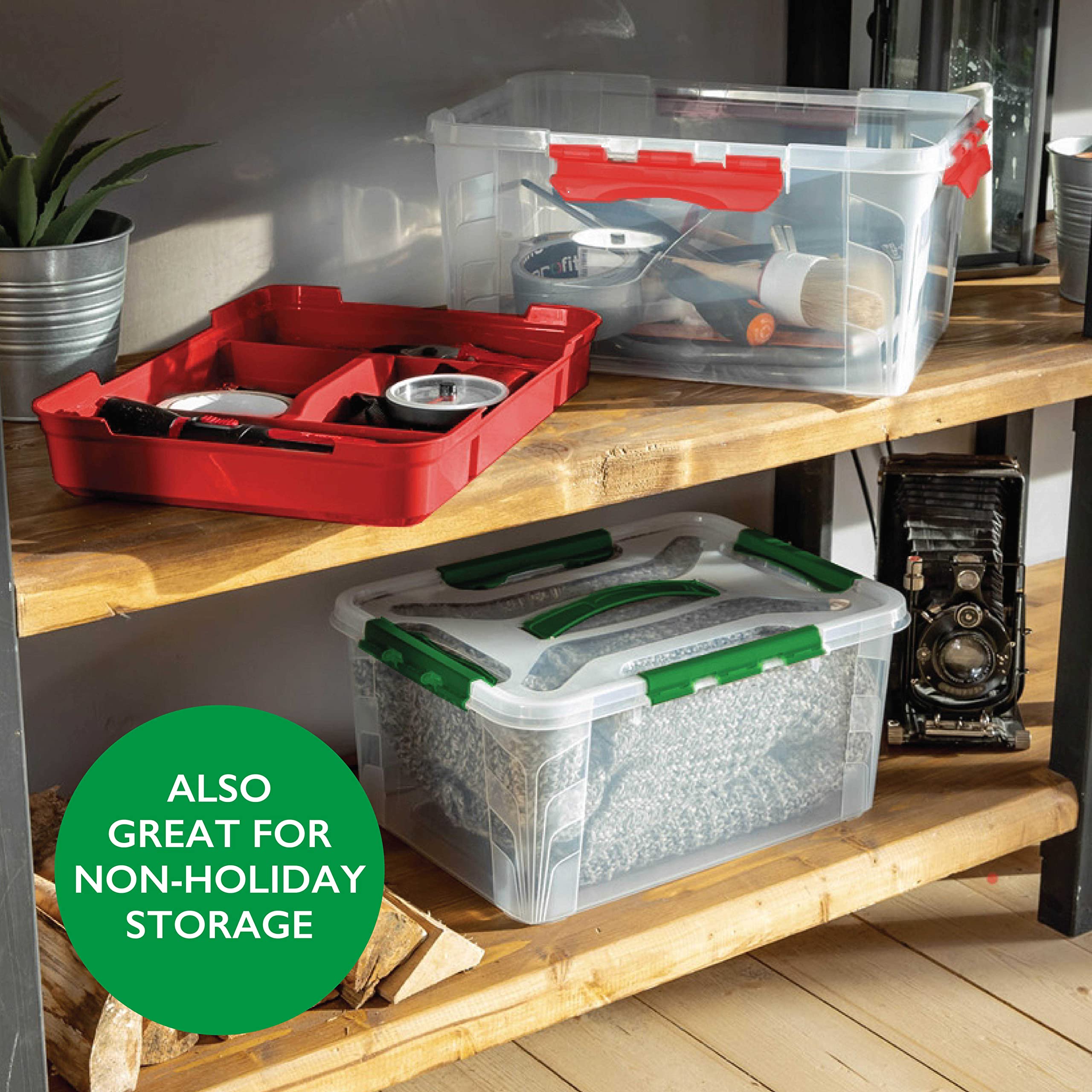 Home+Solutions 3 Piece Container Set - Large Green Plastic Containers, Holiday Storage, 15.35”x11.42”x7” Each