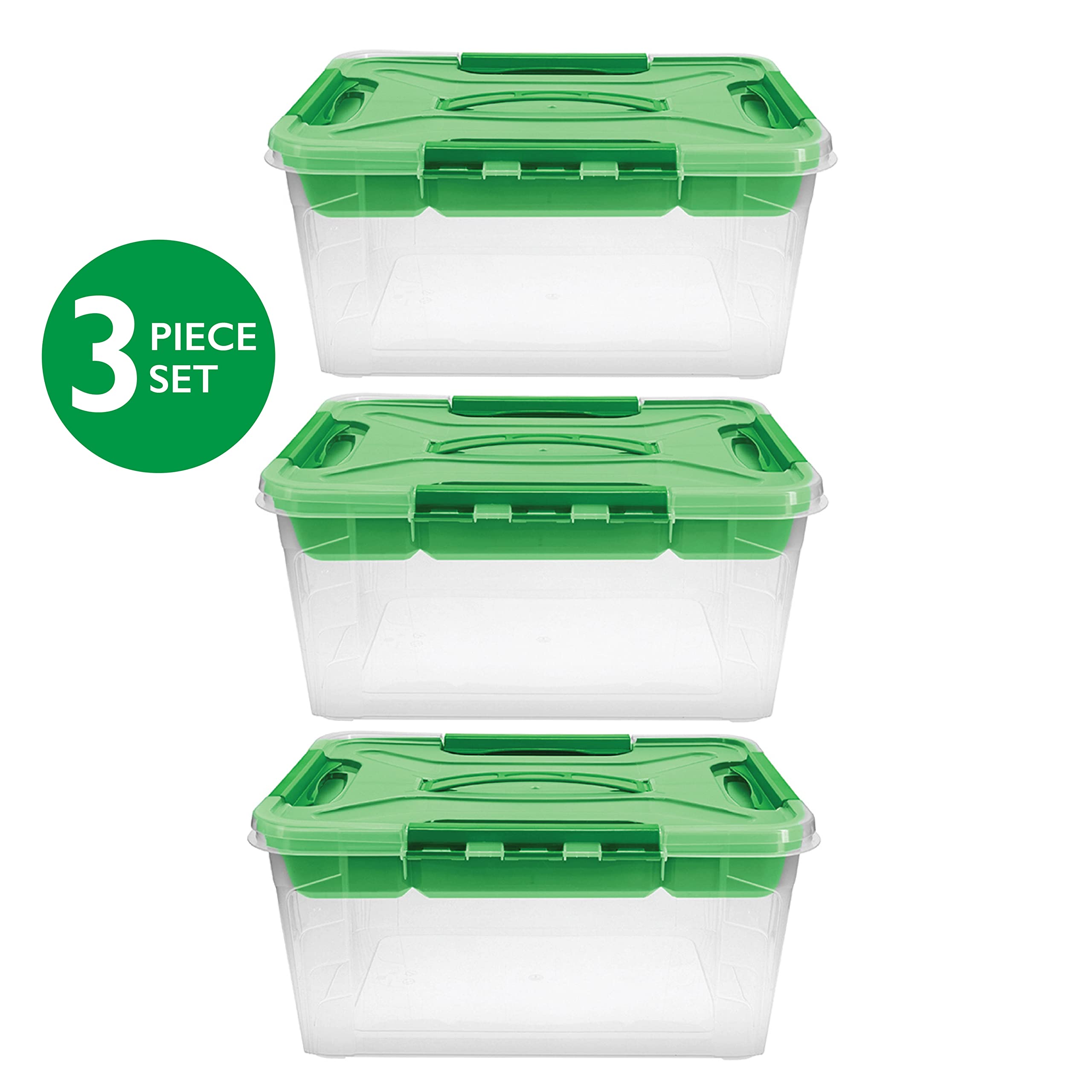 Home+Solutions 3 Piece Container Set - Large Green Plastic Containers, Holiday Storage, 15.35”x11.42”x7” Each