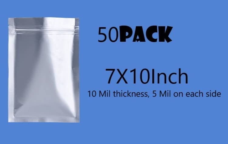 50 Mylar Bags for Food Storage, Mylar Bags 1 Quart 7"x10"- Thick 10 Mil, Stand-Up Vacuum Sealing Sealable and Ziplock Resealable Bags - Odor Free Heat Resistant, Airtight Food Storage Foil Bags