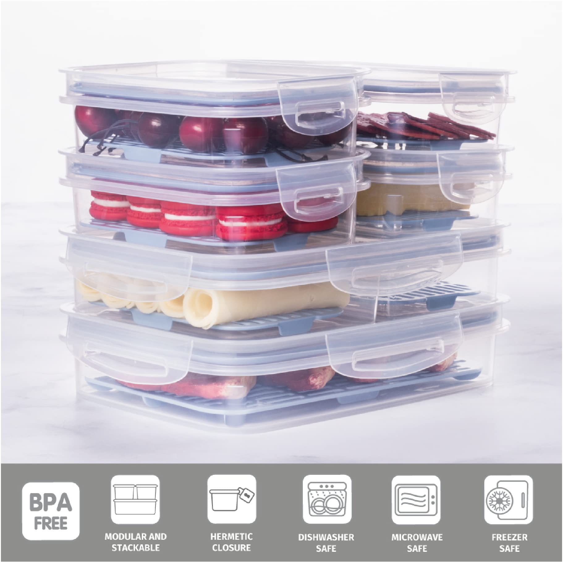 Set of 3/6 Hermetic Plastic Food Storage Containers Airtight Stackable Leakproof – Deli Meal Prep Container for Fridge - Ideal for Fruits, Bacon, Cheese, Veggies, and More - BPA Free (Blue x 6)