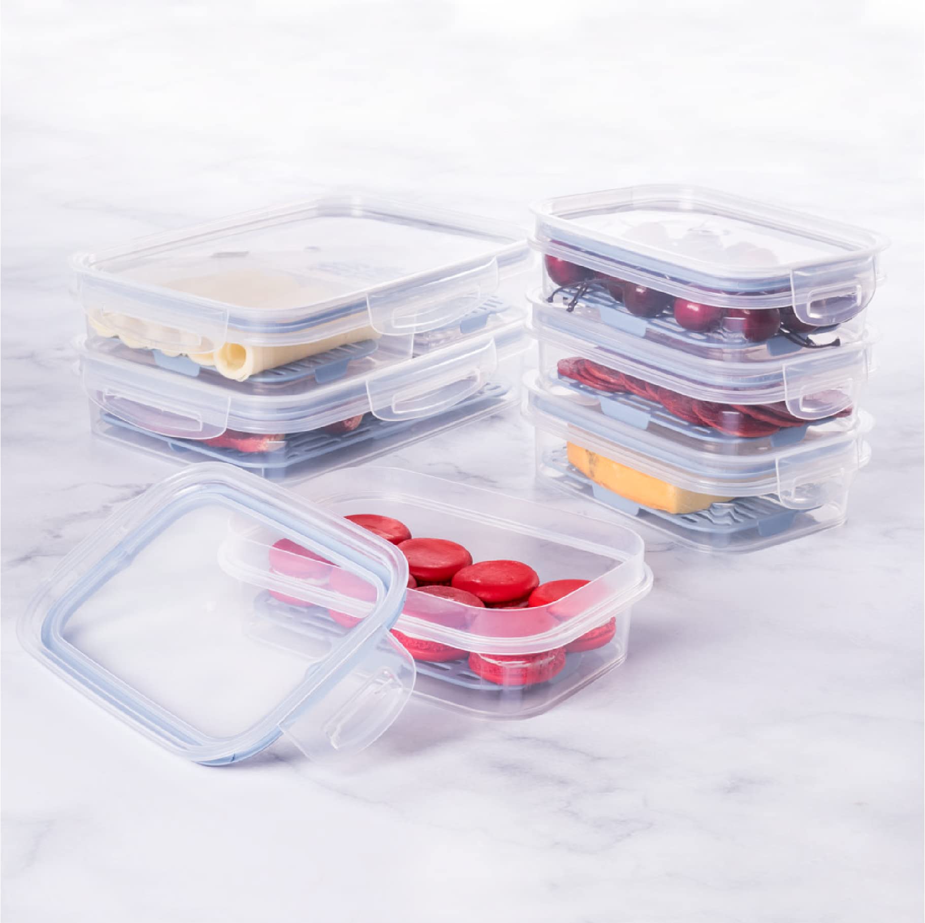 Set of 3/6 Hermetic Plastic Food Storage Containers Airtight Stackable Leakproof – Deli Meal Prep Container for Fridge - Ideal for Fruits, Bacon, Cheese, Veggies, and More - BPA Free (Blue x 6)