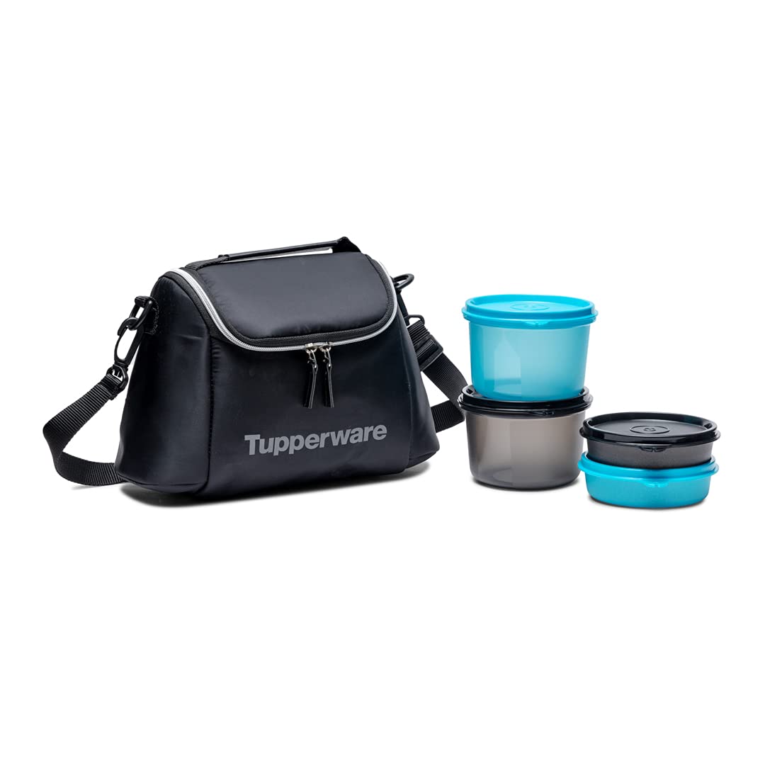 Tupperware Men's Plastic Cosmo Lunch Set (Black, Blue) | 2 Plastic Containers | Plastic Pickle Box | Insulated Fabric Bag | Leak Proof | Microwave Safe | Full Meal | Easy to Carry