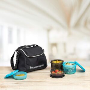 Tupperware Men's Plastic Cosmo Lunch Set (Black, Blue) | 2 Plastic Containers | Plastic Pickle Box | Insulated Fabric Bag | Leak Proof | Microwave Safe | Full Meal | Easy to Carry