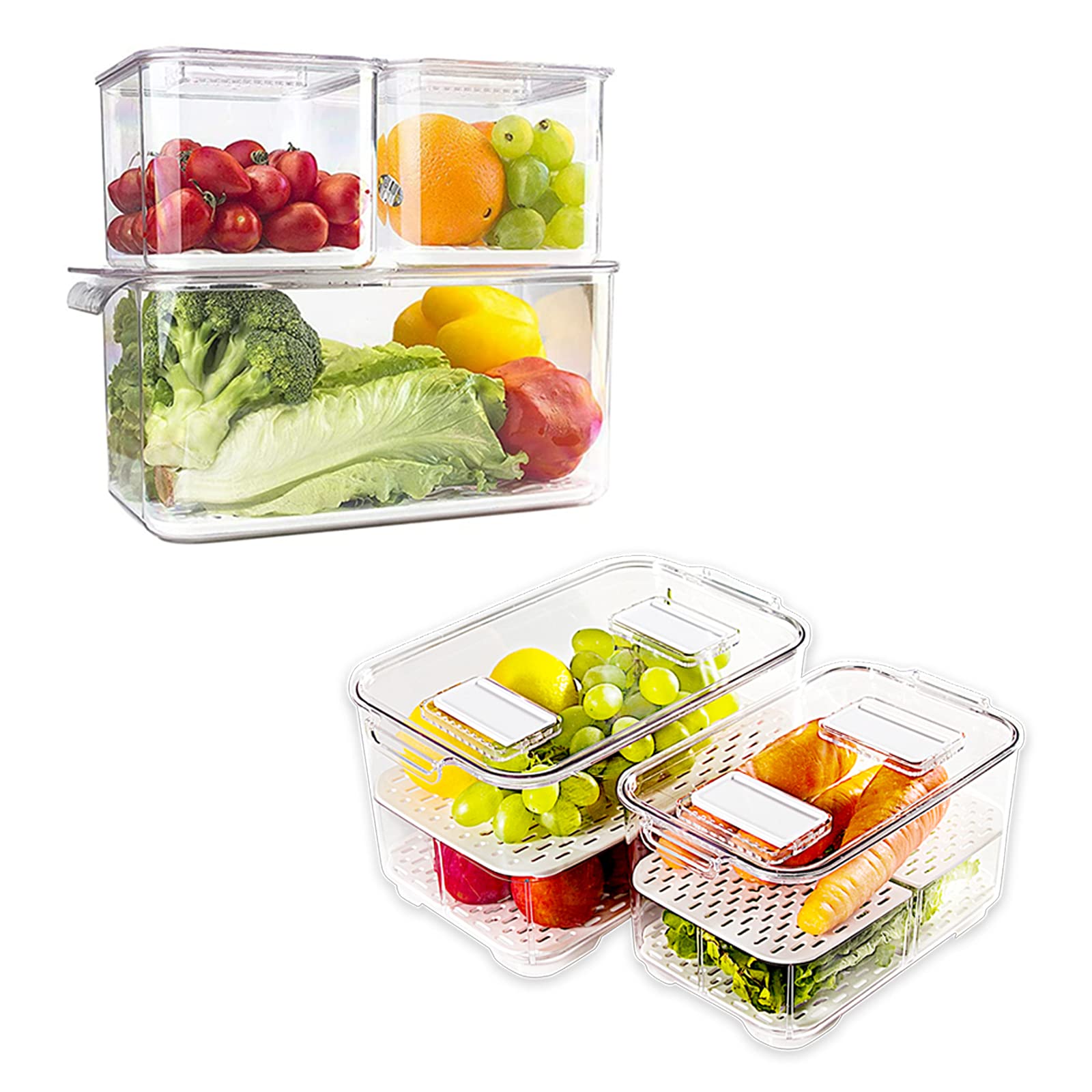 elabo Food Storage Containers Fridge Produce Saver- Stackable Refrigerator Organizer Keeper Drawers Bins Baskets with Lids and Removable Drain Tray for Veggie, Berry and Fruits