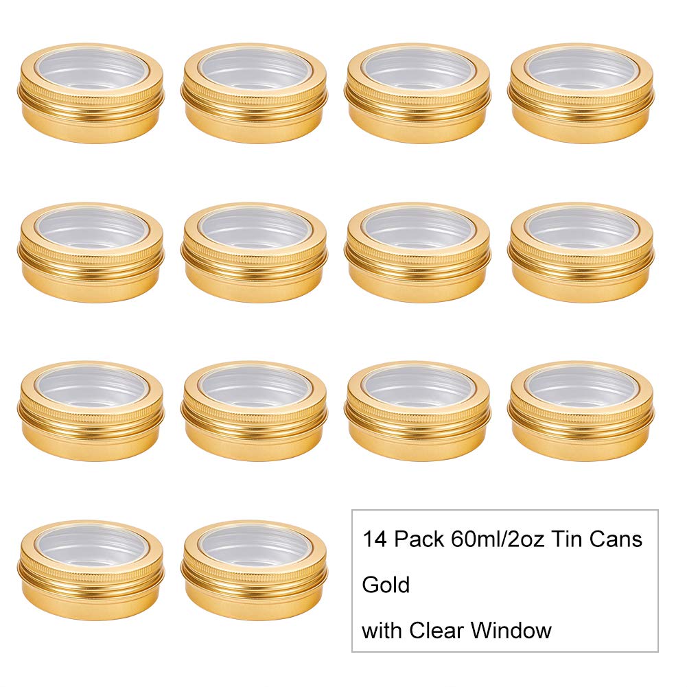 BENECREAT 14 Pack 2 OZ Tin Cans Screw Top Round Aluminum Cans Screw Lid Containers with Clear Window - Great for Store Spices, Candies, Tea or Gift Giving (Gold)