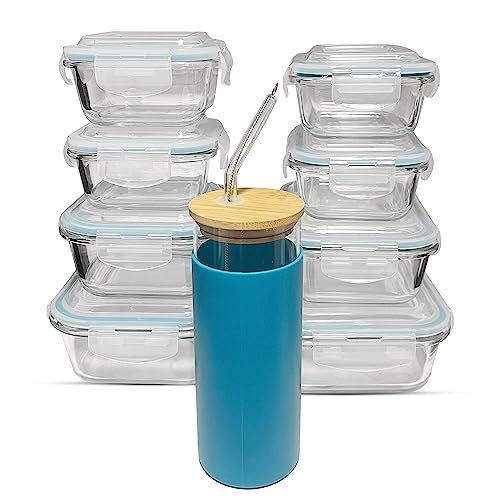 16 Piece Airtight Food Containers + 1 Glass Tumbler -Includes a Wooden Lid, Glass Straw, Cleaning Utensil, Lids Leakproof Microwave Oven Freezer Dishwasher Safe Containers Borosilicate Glass Set