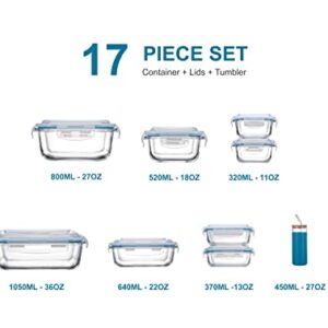 16 Piece Airtight Food Containers + 1 Glass Tumbler -Includes a Wooden Lid, Glass Straw, Cleaning Utensil, Lids Leakproof Microwave Oven Freezer Dishwasher Safe Containers Borosilicate Glass Set