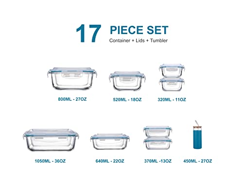 16 Piece Airtight Food Containers + 1 Glass Tumbler -Includes a Wooden Lid, Glass Straw, Cleaning Utensil, Lids Leakproof Microwave Oven Freezer Dishwasher Safe Containers Borosilicate Glass Set