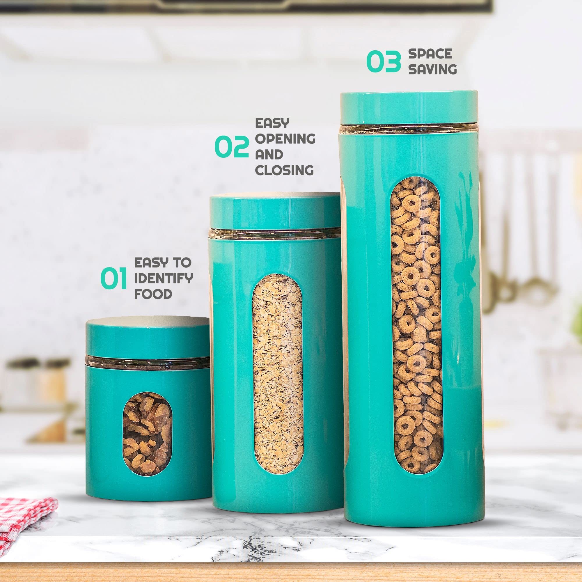 Venoly Stainless Steel Food Storage Canisters For Kitchen | 4 Piece Set of Airtight Kitchen Canisters | BPA-Free and Food Grade Safe Canister Set | See Through Glass Countertop