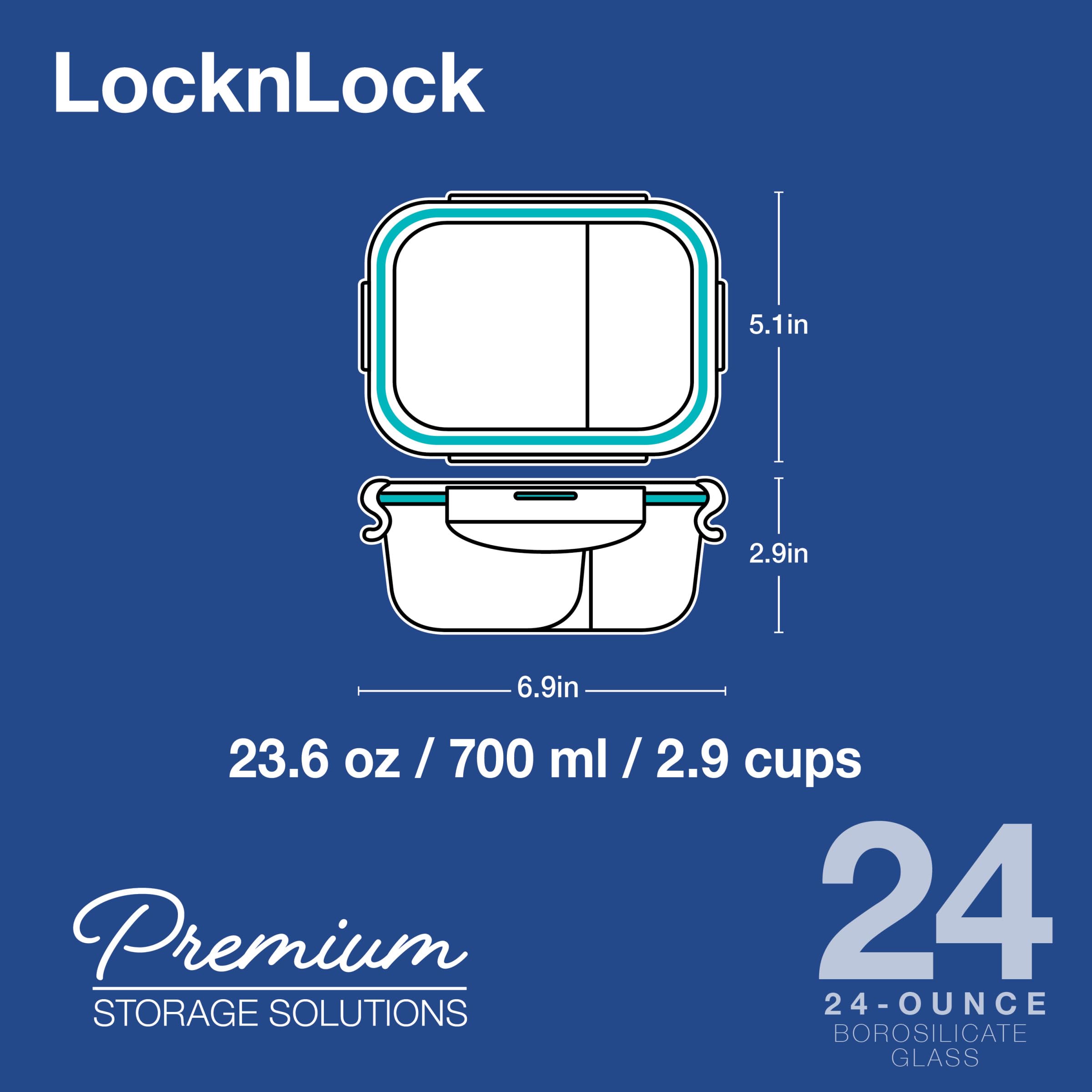 LOCK & LOCK Purely Better Glass Food Storage Container with Lid, Rectangle w/divider, 25 oz - Clear