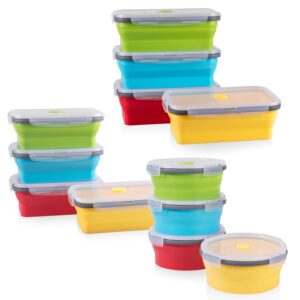 collapsible food storage containers with lid, bundle of 3 sizes, 12 pack, kitchen stacking silicone collapsible meal prep container set for leftover, microwave freezer dishwasher safe, 4 colors