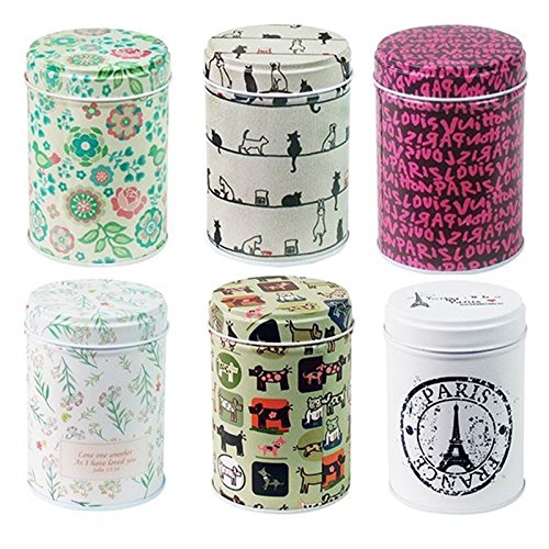 Leoyoubei 3.55x2.55 Inch Dry Storage Tinplate Caddy Box Retro Double Cover Home Kitchen Storage Containers Colorful Tins Round Tea Tins Set of 6 (shipped randomly)