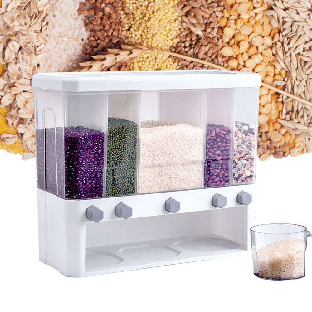 Sallurmose PanDair 5 In 1 Multigrain Tank,16.53”*7.68”*13.86” Dry Food Dispenser Cereal Rice Dispenser Food Storage Container W/Cup for Home Kitchen, Movable Detachable Partition