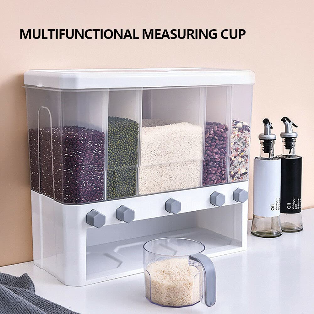 Sallurmose PanDair 5 In 1 Multigrain Tank,16.53”*7.68”*13.86” Dry Food Dispenser Cereal Rice Dispenser Food Storage Container W/Cup for Home Kitchen, Movable Detachable Partition