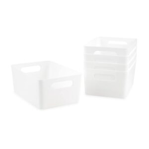 isaac jacobs 5-pack medium white storage bin (9.5” x 6.5”x 4”) set w/ cut-out handles, plastic organizer, multi-use, home, office, pantry, closet, kitchen