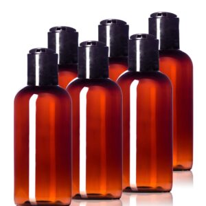 4oz Plastic Amber Bottles (6 Pack) BPA-Free Squeeze Containers with Disc Cap, Labels Included